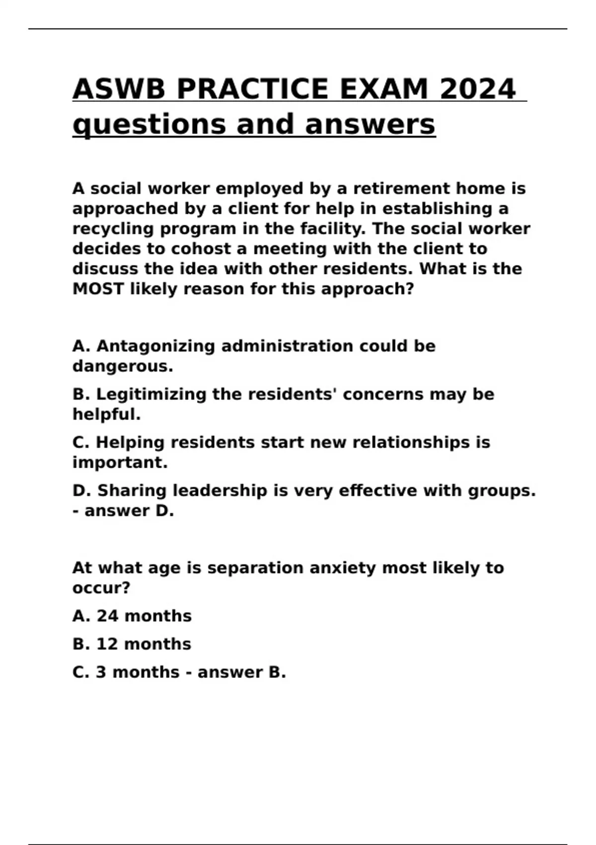 ASWB PRACTICE EXAM 2024 questions and answers - ASWB LMSW - Stuvia US