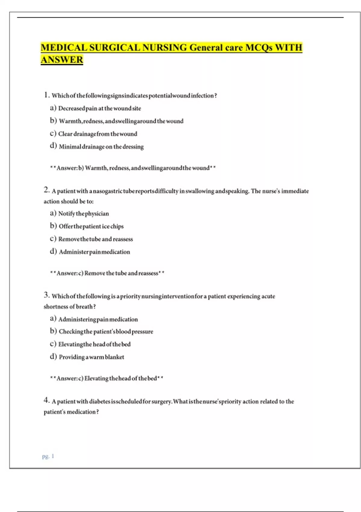 MEDICAL SURGICAL NURSING General care MCQs WITH ANSWER 2024/2025 ...