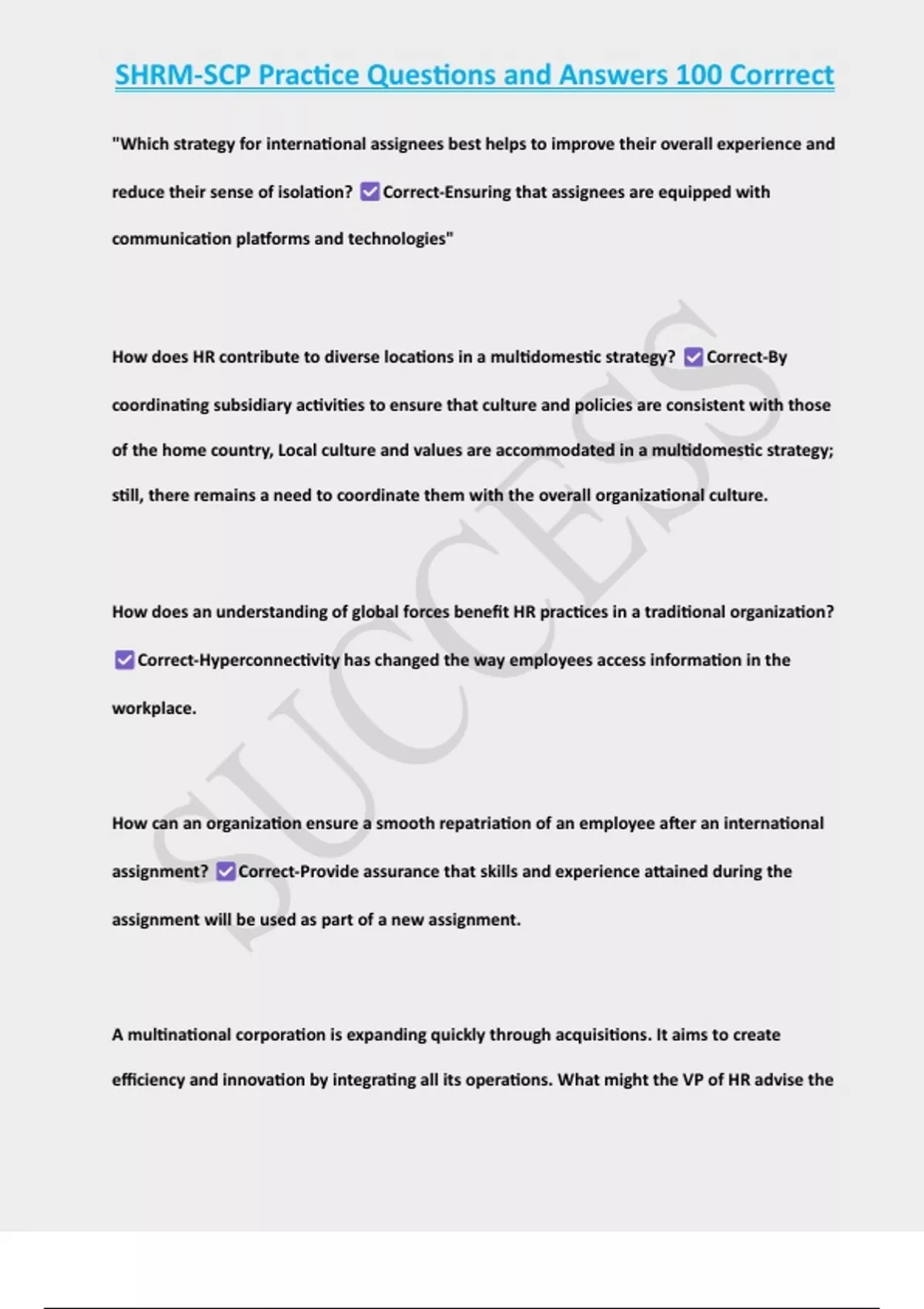 SHRM-SCP Practice Questions and Answers 100 Correct - IPMA - Stuvia US