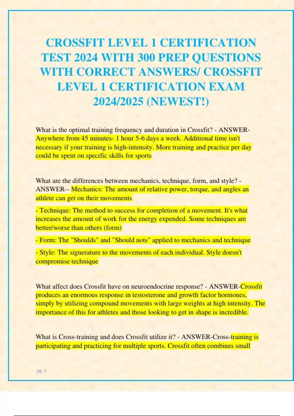 CROSSFIT LEVEL 1 CERTIFICATION TEST 2024 WITH 300 PREP QUESTIONS WITH ...