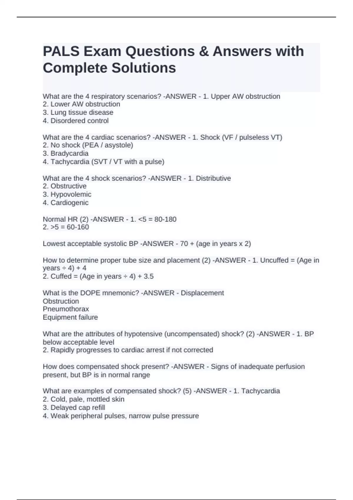 PALS Exam Questions & Answers with Complete Solutions - PALS - Stuvia US