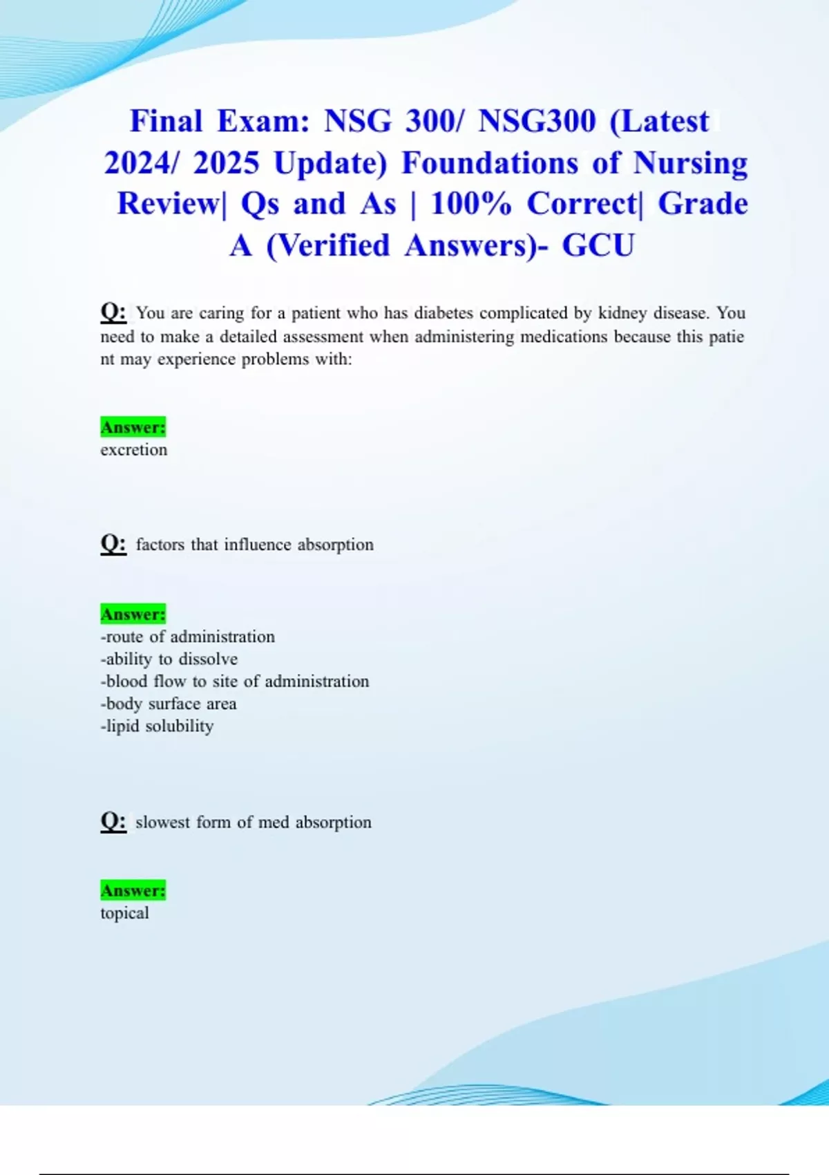 Final Exam: NSG 300/ NSG300 (Latest 2024/ 2025 Update) Foundations of ...