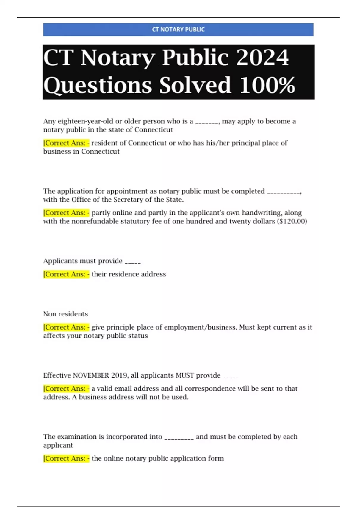 CT Notary Public 2024 Questions Solved 100% - CT Notary Public - Stuvia US
