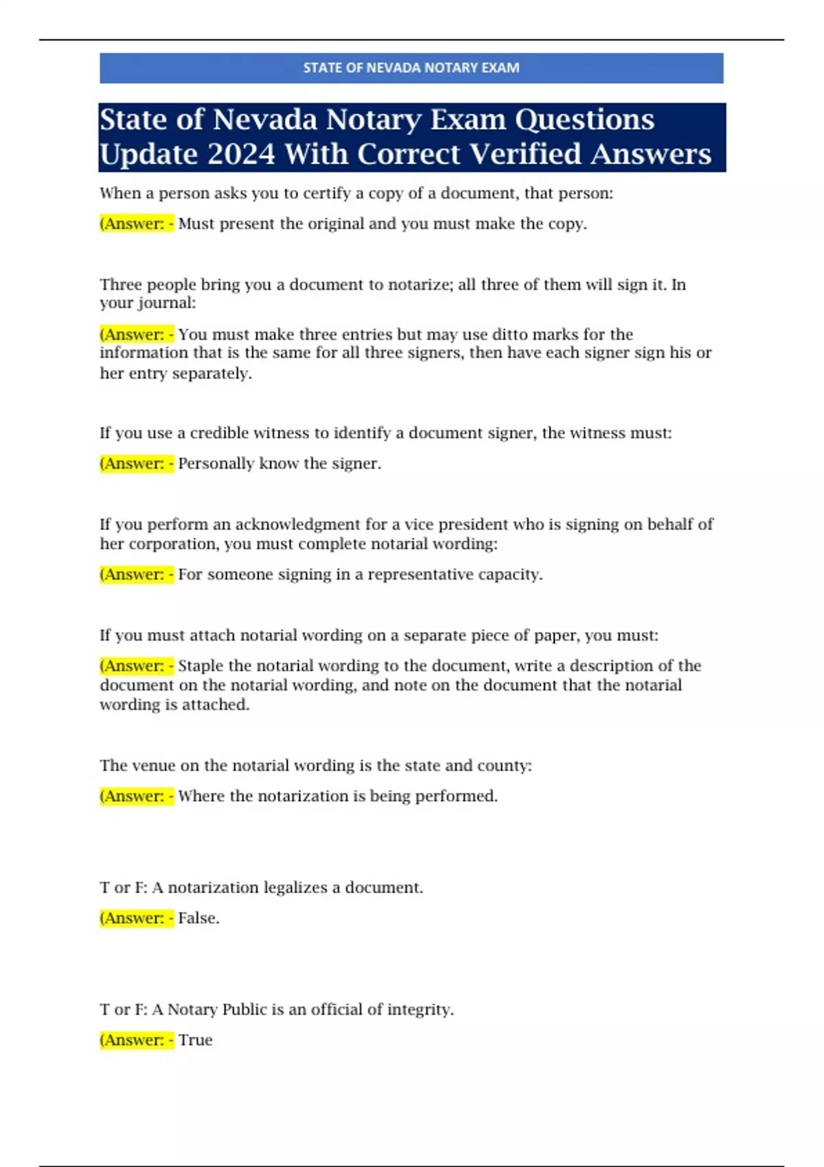 State of Nevada Notary Exam Questions Update 2024 With Correct Verified ...