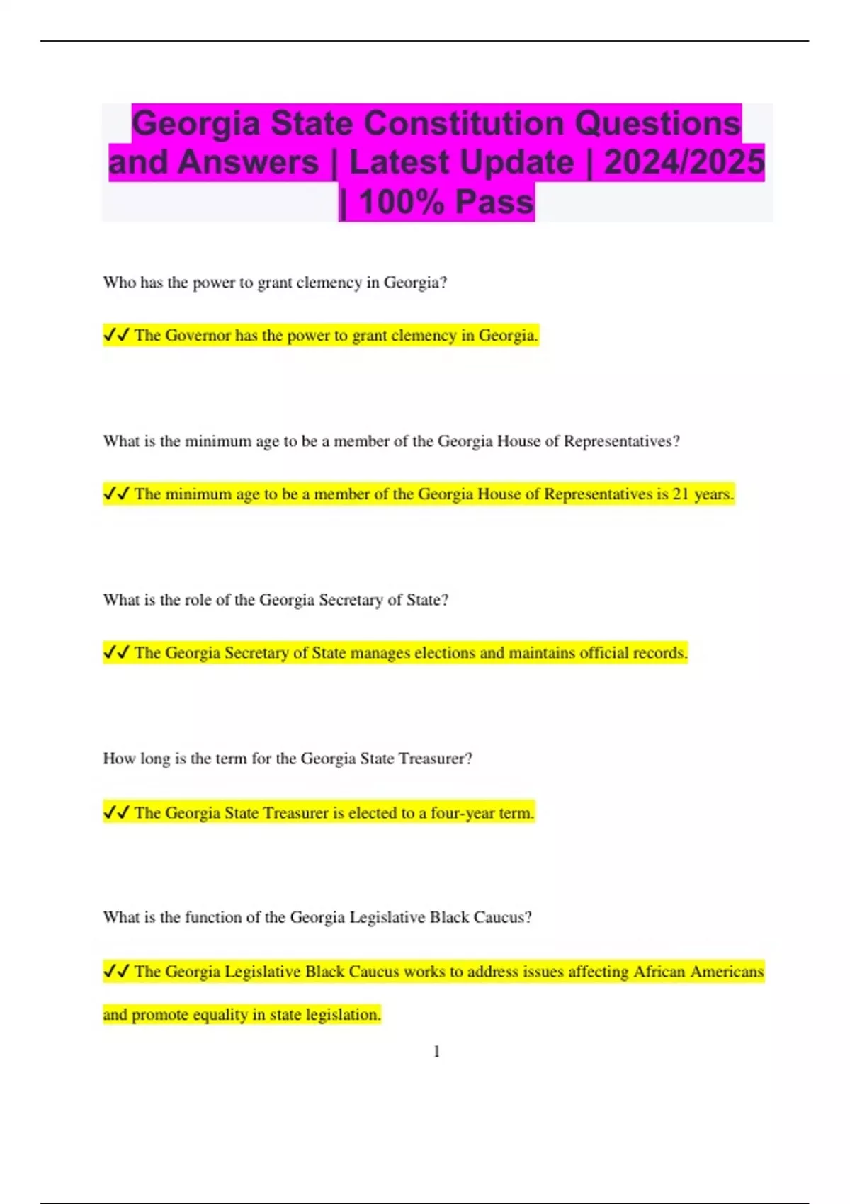 Georgia State Constitution Questions and Answers | Latest Update | 2024 ...