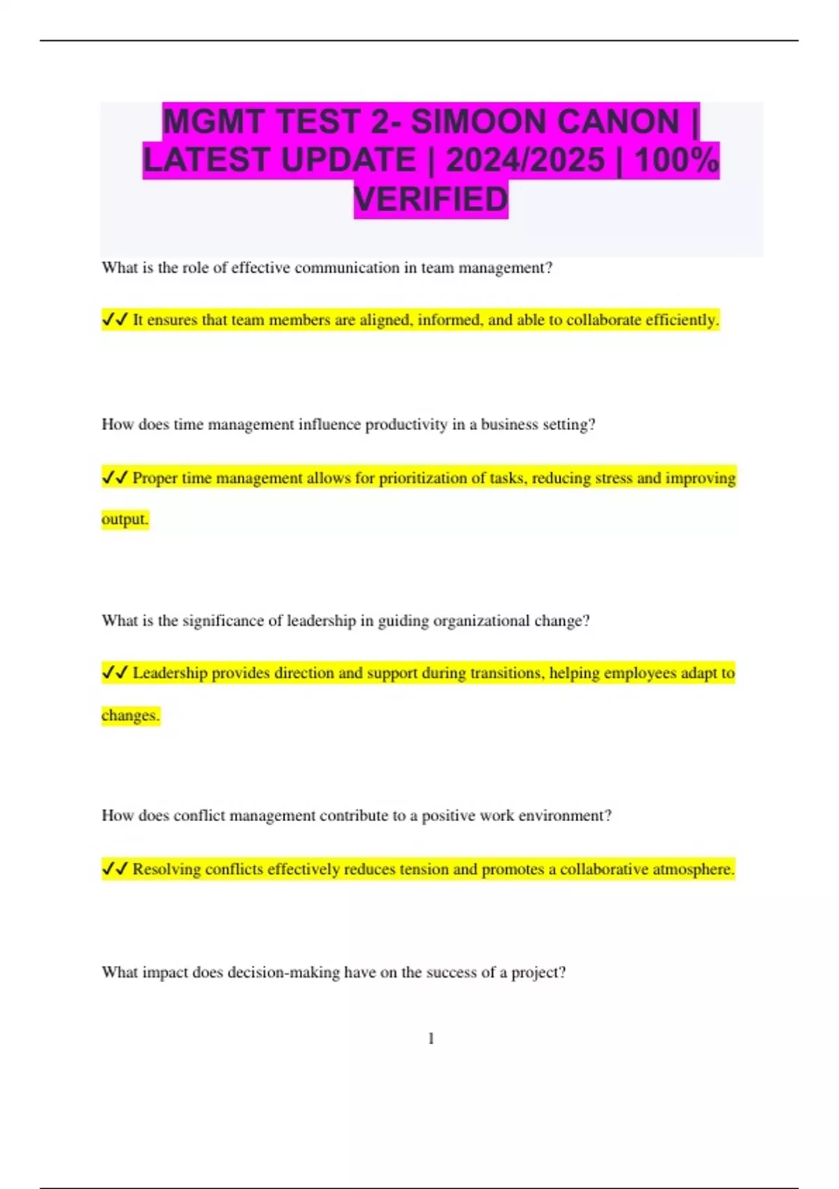 MGMT TEST 2- SIMOON CANON | LATEST UPDATE | 2024/2025 | 100% VERIFIED ...