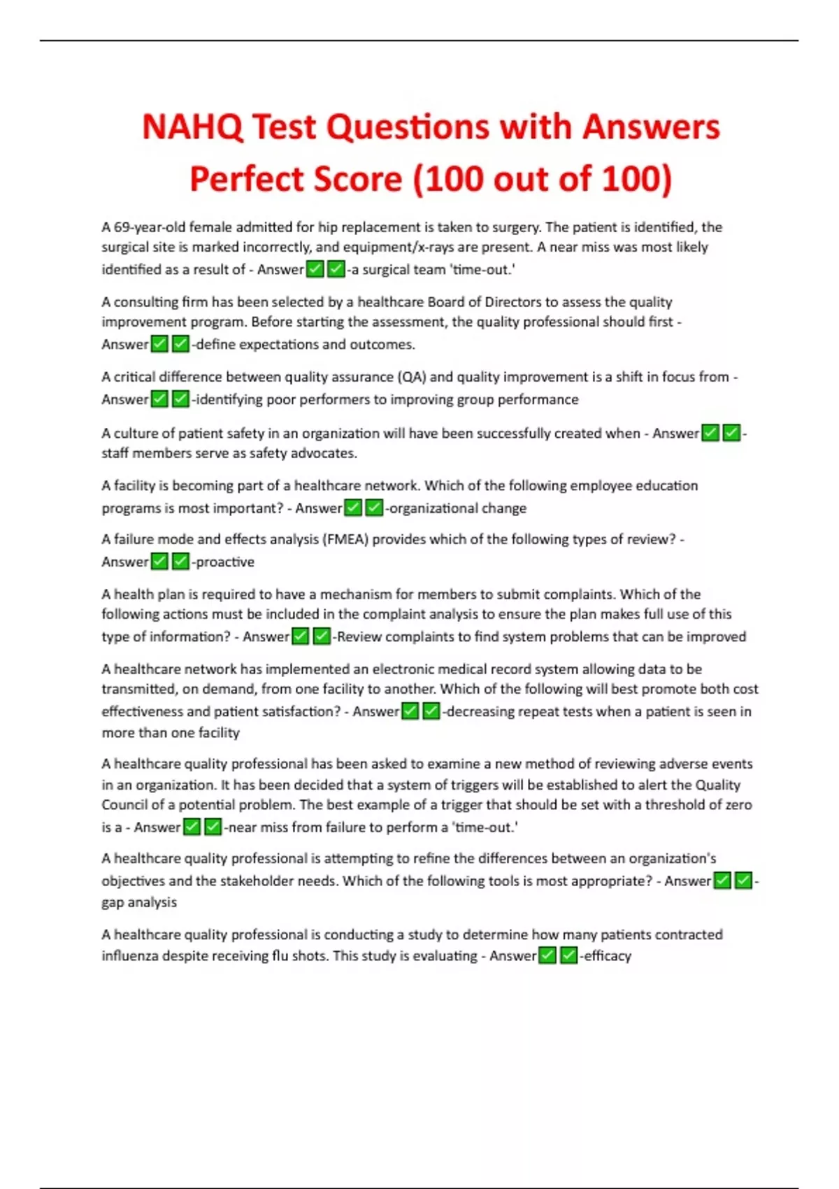 NAHQ Test Questions with Answers Perfect Score (100 out of 100 ...