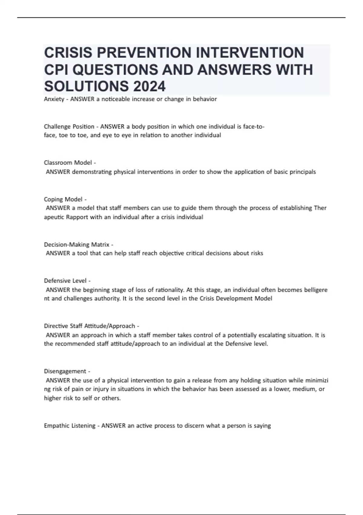 CRISIS PREVENTION INTERVENTION CPI QUESTIONS AND ANSWERS WITH SOLUTIONS ...