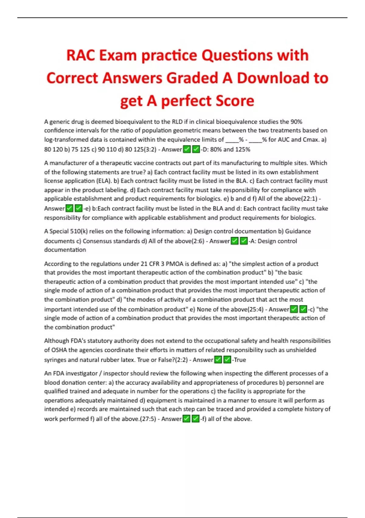 Rac Exam Practice Questions With Correct Answers Graded A Download To Get A Perfect Score Rac