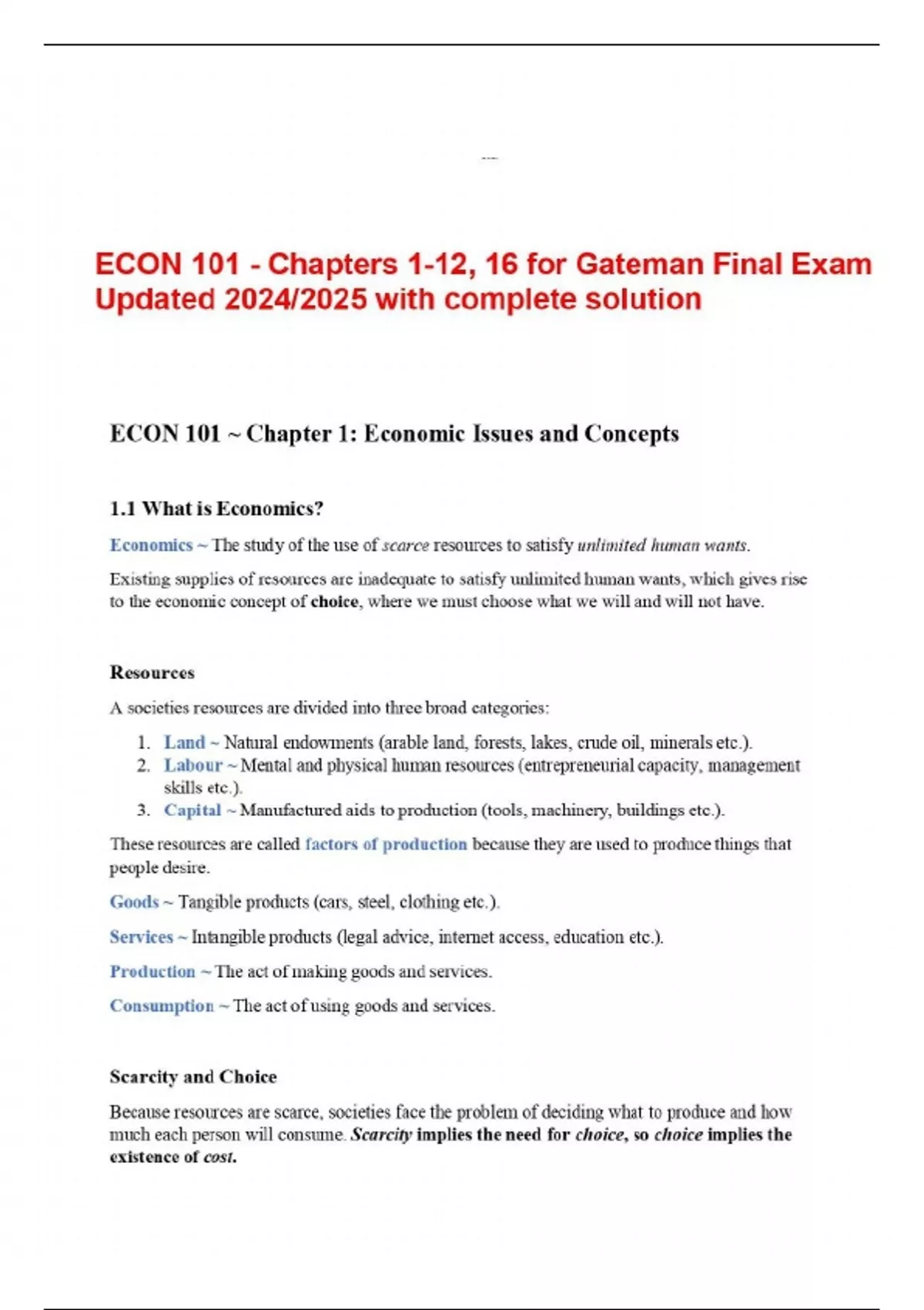 ECON 101 - Chapters 1-12, 16 for Gateman Final Exam Updated 2024/2025 ...