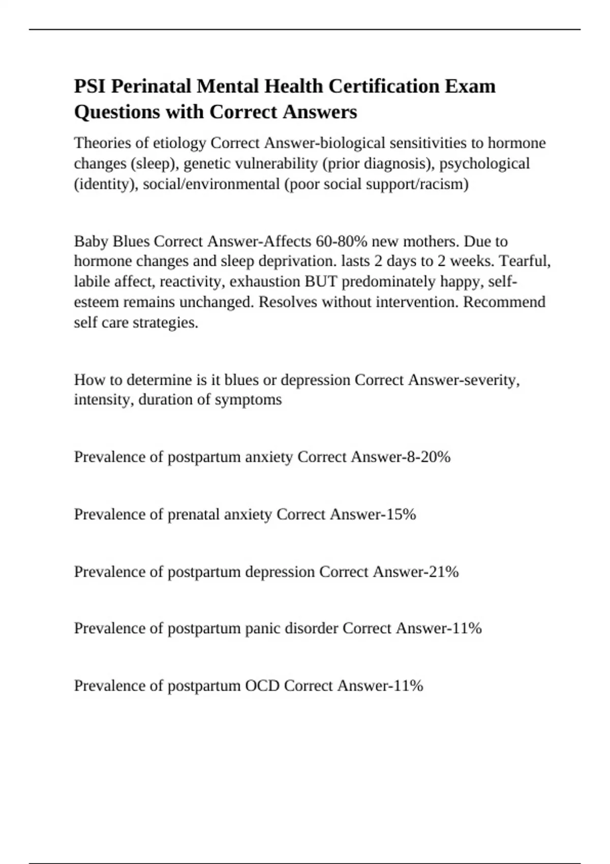 PSI Perinatal Mental Health Certification Exam Questions with Correct ...