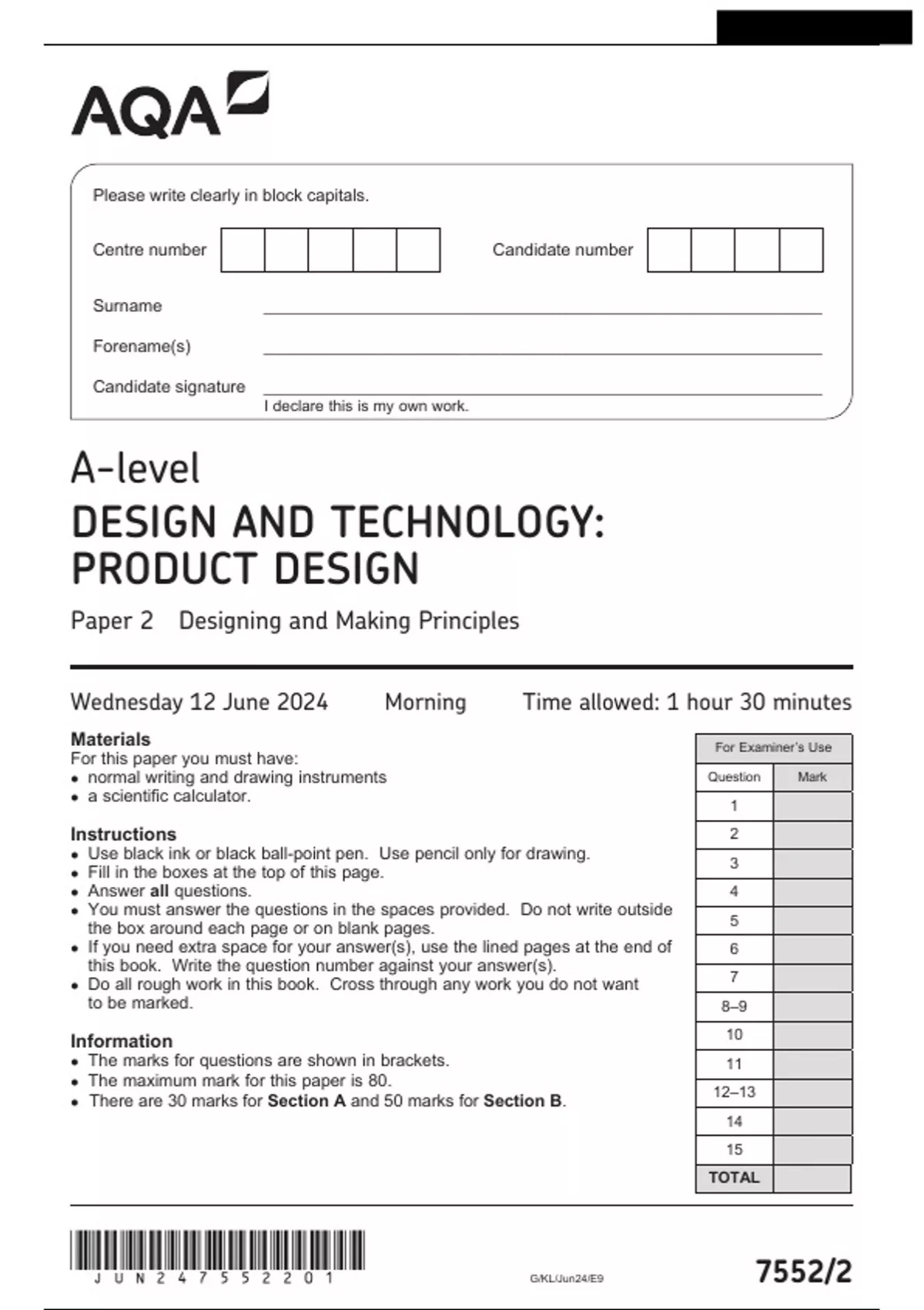 AQA A-level DESIGN AND TECHNOLOGY: PRODUCT DESIGN 7552/2 Paper 2 ...