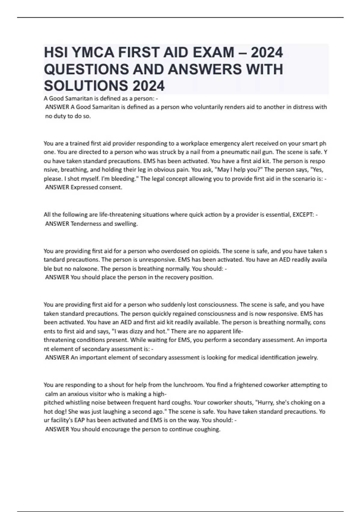 HSI YMCA FIRST AID EXAM – 2024 QUESTIONS AND ANSWERS WITH SOLUTIONS ...