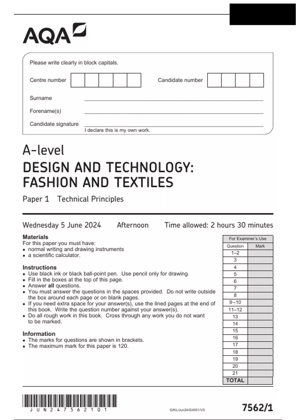 AQA A-level DESIGN AND TECHNOLOGY: FASHION AND TEXTILES 7562/1 Paper 1 ...