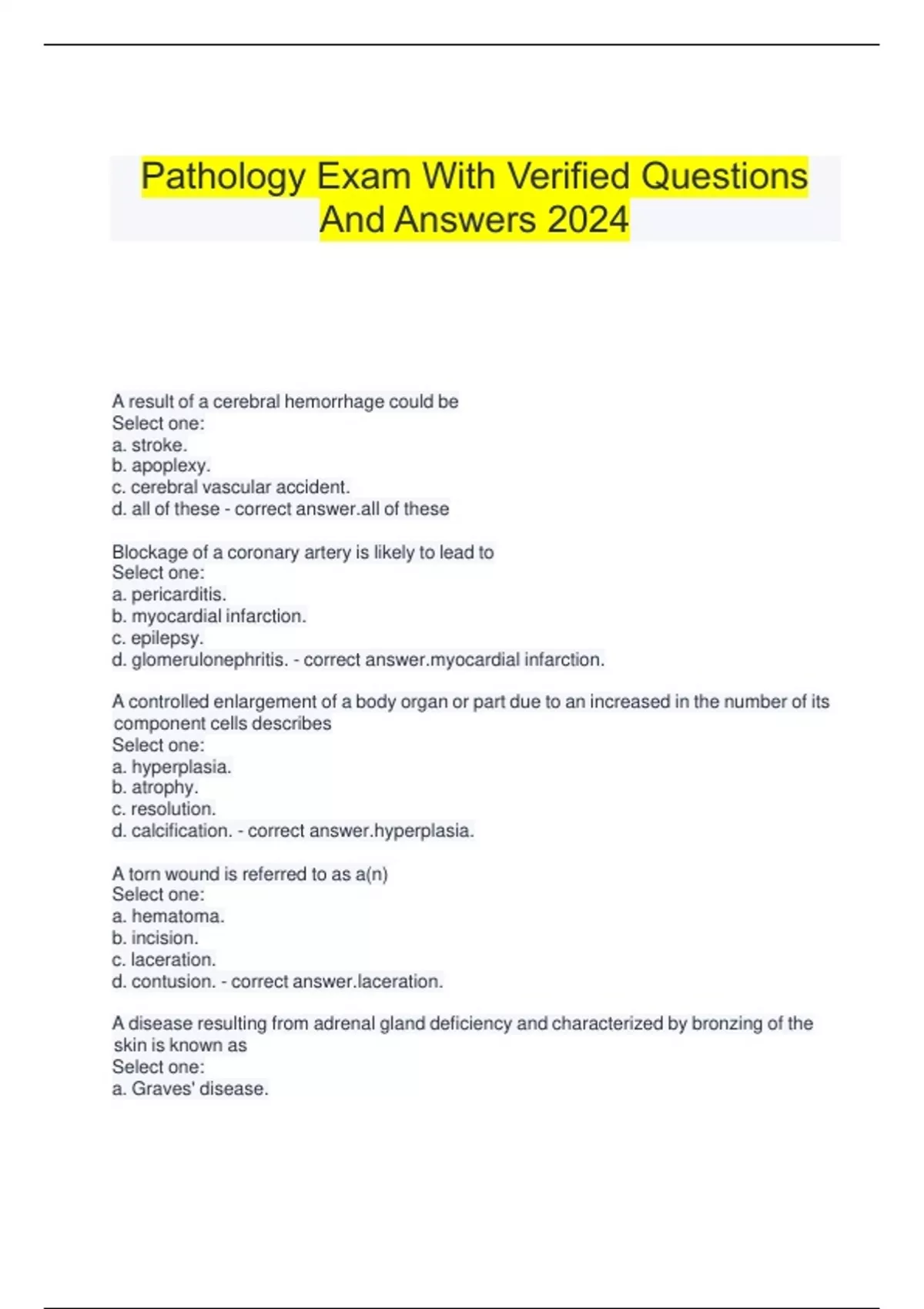 Pathology Exam With Verified Questions And Answers 2024 - Pathology ...