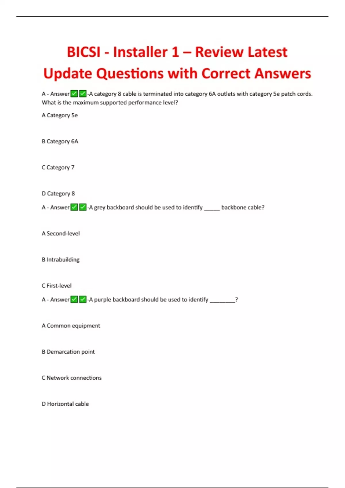 BICSI - Installer 1 – Review Latest Update Questions with Correct ...