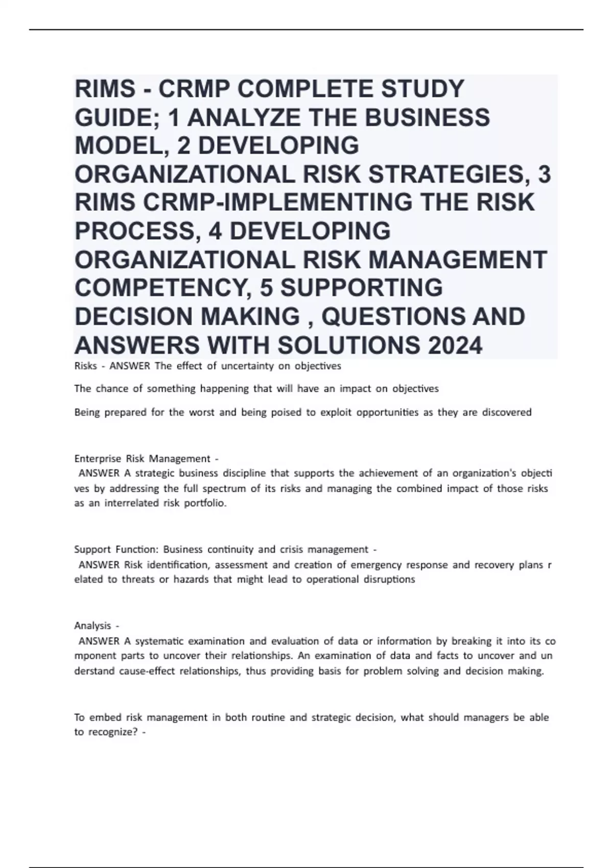 RIMS - CRMP COMPLETE STUDY GUIDE; 1 ANALYZE THE BUSINESS MODEL, 2 ...