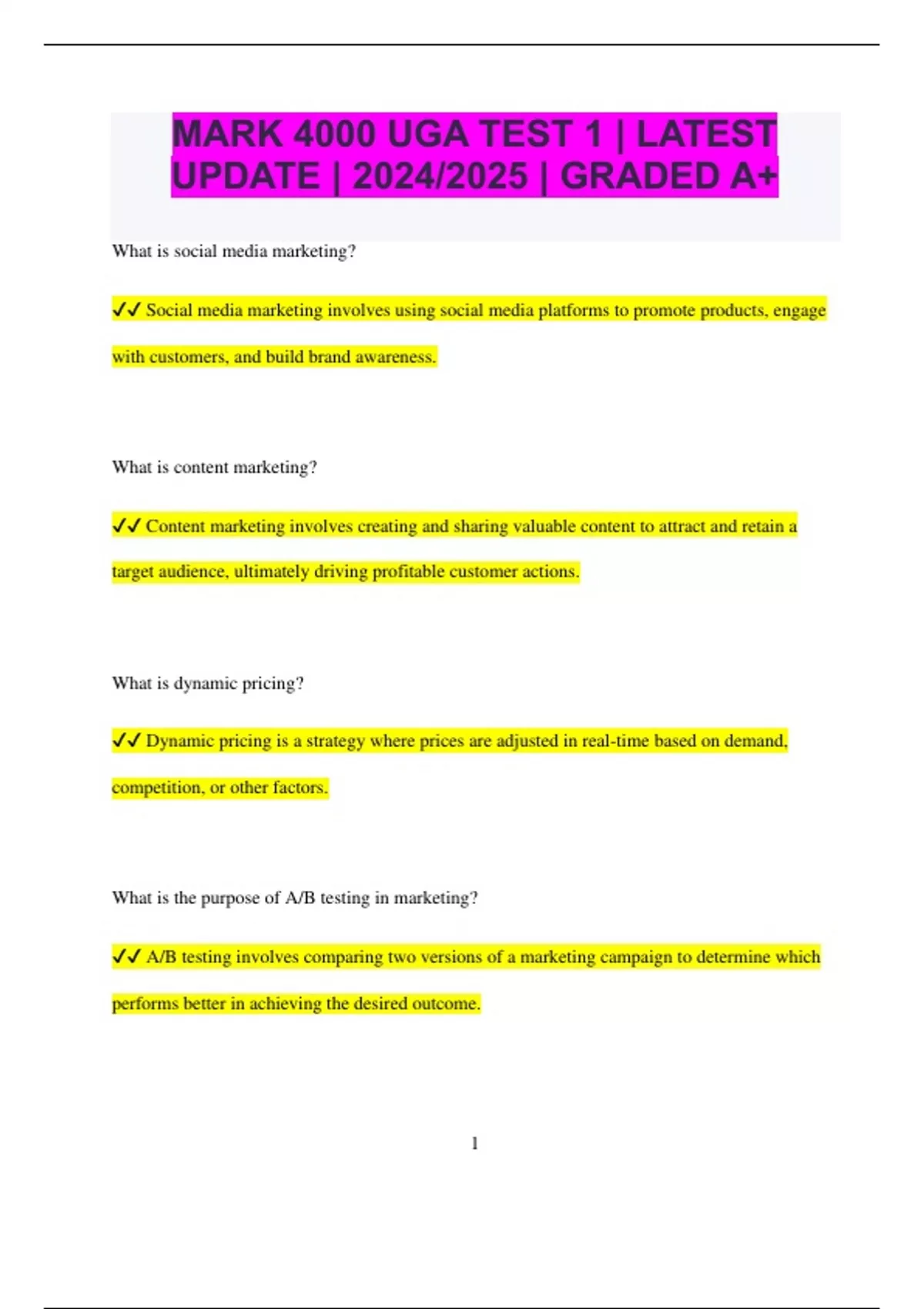 MARK 4000 UGA TEST 1 | LATEST UPDATE | 2024/2025 | GRADED A+ - MRK 4000 ...