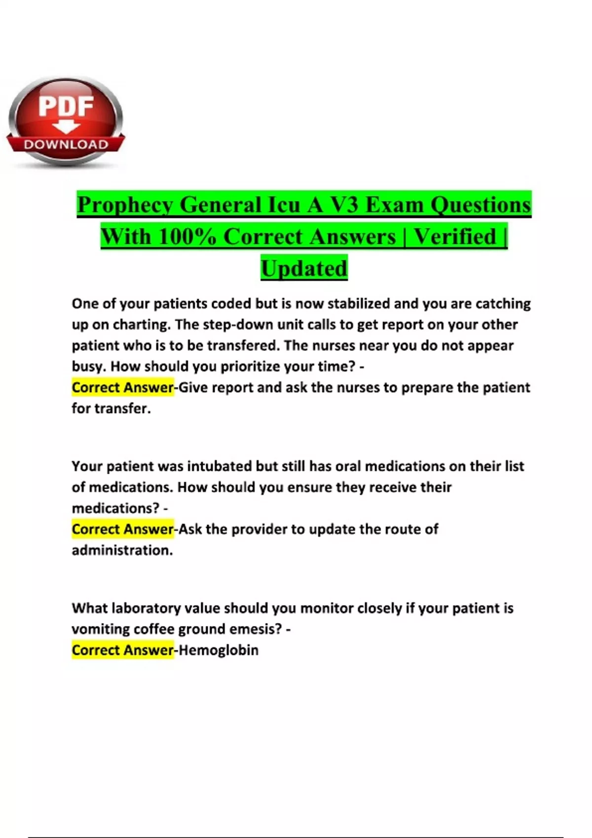 Prophecy General Icu A V3 Exam Questions With 100% Correct Answers ...