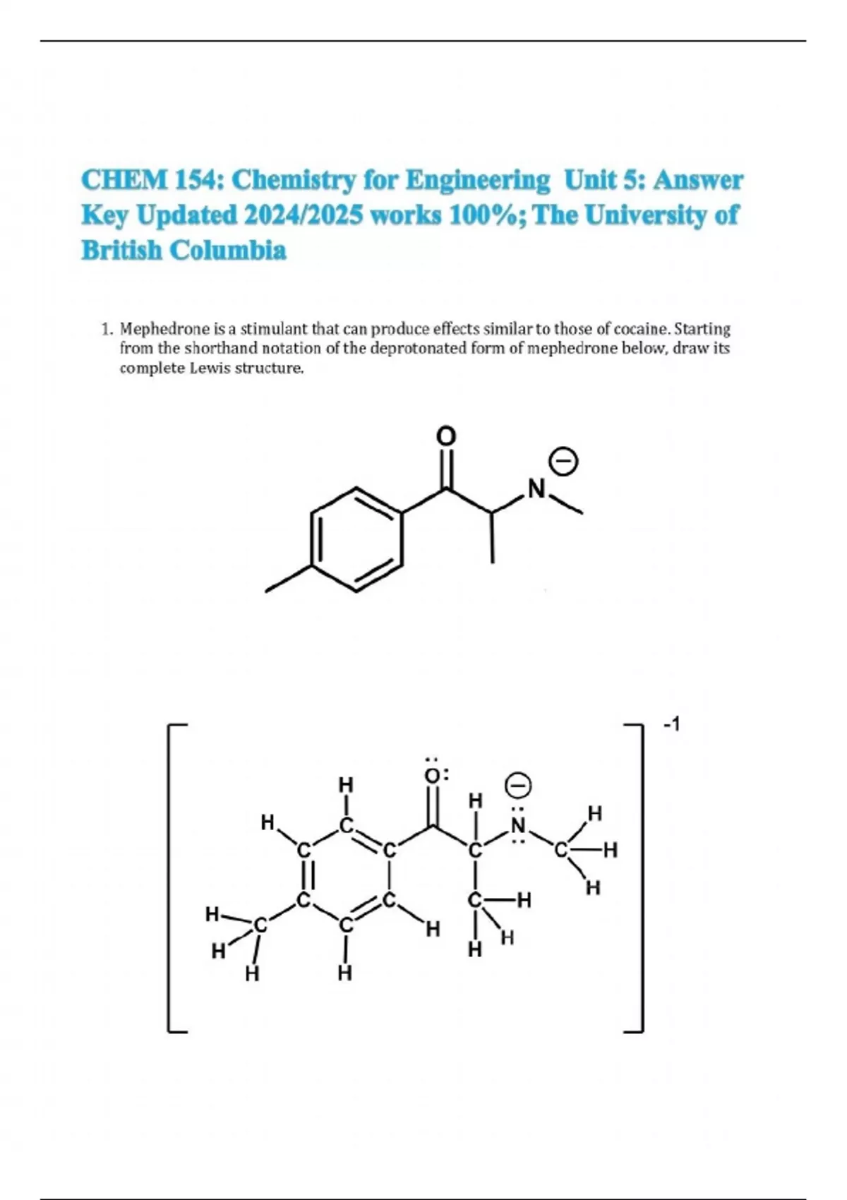 CHEM 154: Chemistry for Engineering Unit 5: Answer Key Updated 2024/ ...