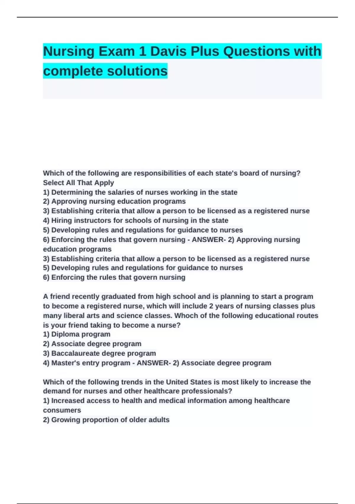 Nursing Exam 1 Davis Plus Questions with complete solutions - Davis ...