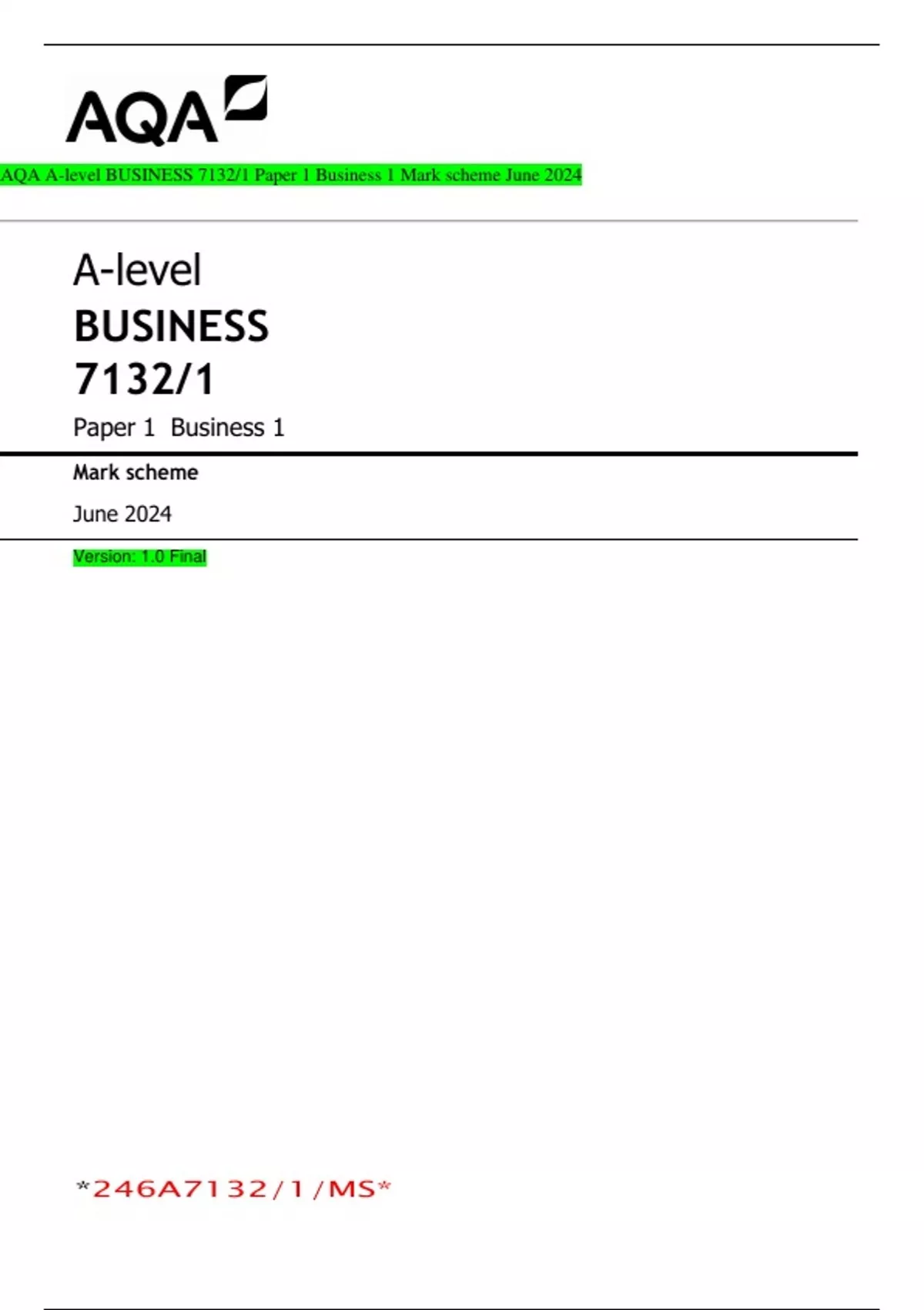 AQA A-level BUSINESS 7132/1 Paper 1 Business 1 Mark scheme June 2024 ...