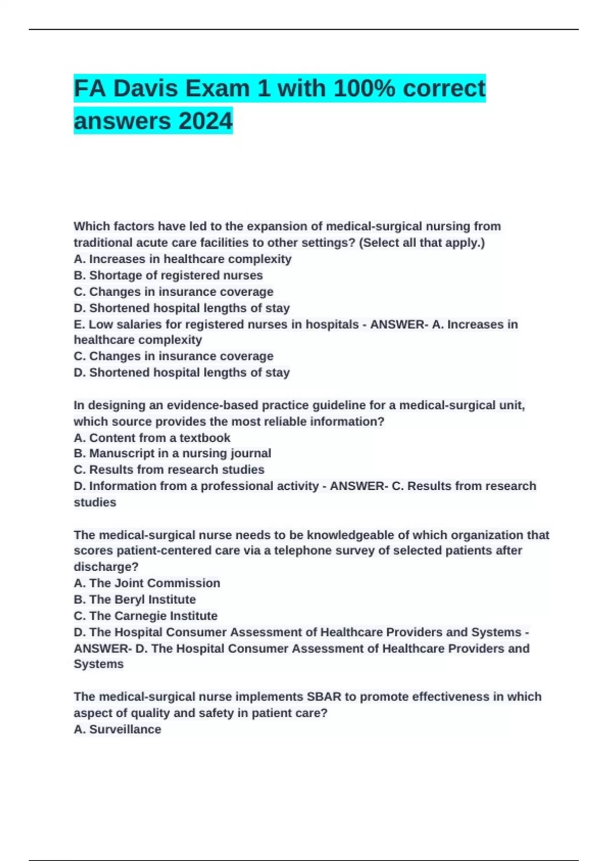 FA Davis Exam 1 with 100- correct answers 2024 - Davis - Stuvia US