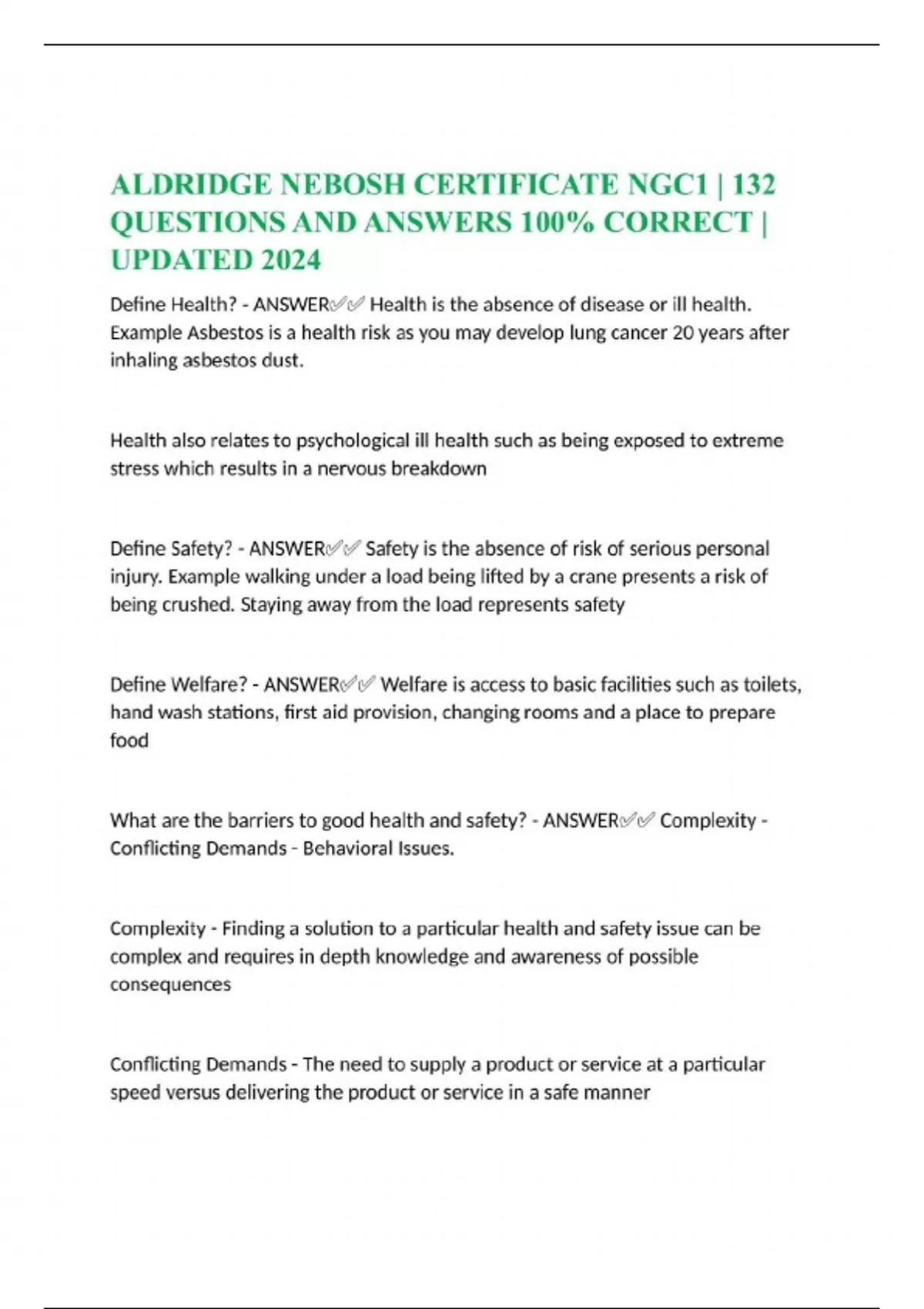 ALDRIDGE NEBOSH CERTIFICATE NGC1 | 132 QUESTIONS AND ANSWERS 100% ...