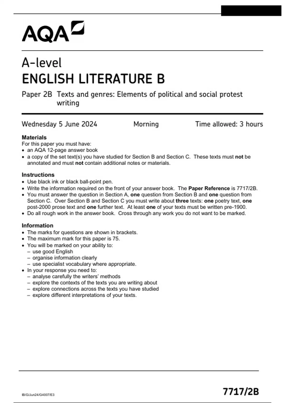 AQA A-level ENGLISH LITERATURE B 7717/2B Paper 2B Texts and genres ...