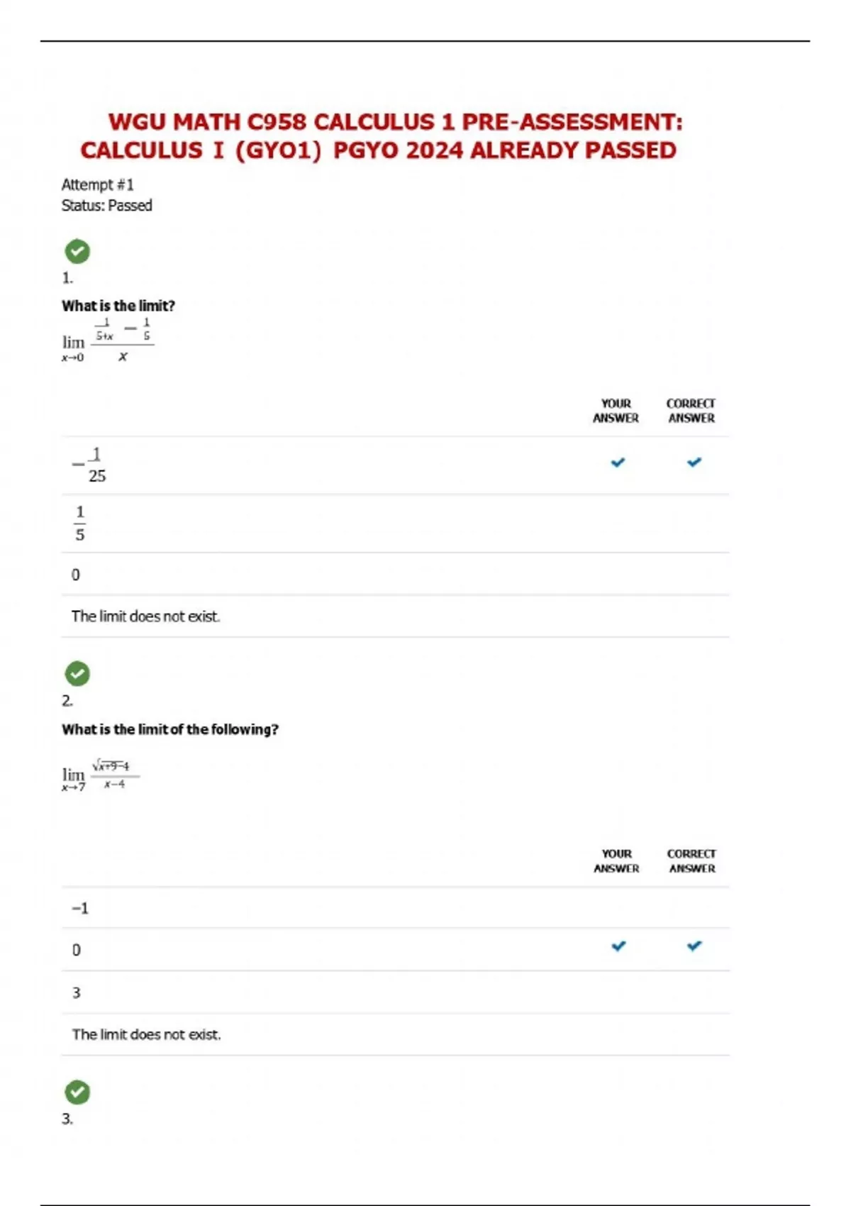 WGU MATH C958 CALCULUS 1 PRE-ASSESSMENT: CALCULUS I (GYO1) PGYO 2024 ...