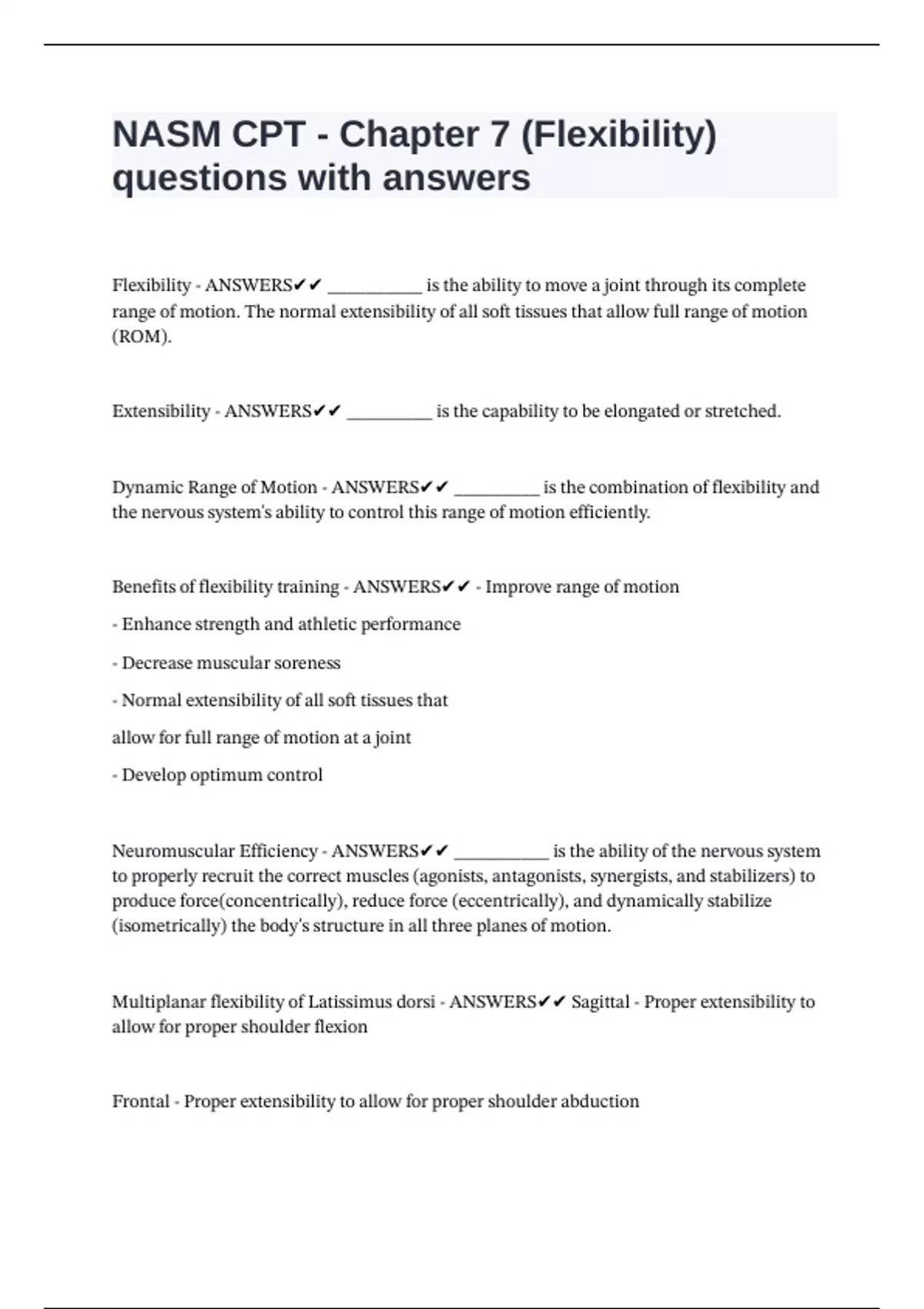 NASM CPT - Chapter 7 (Flexibility) questions with answers - NASM STRETCHING AND FLEXIBILITY ...