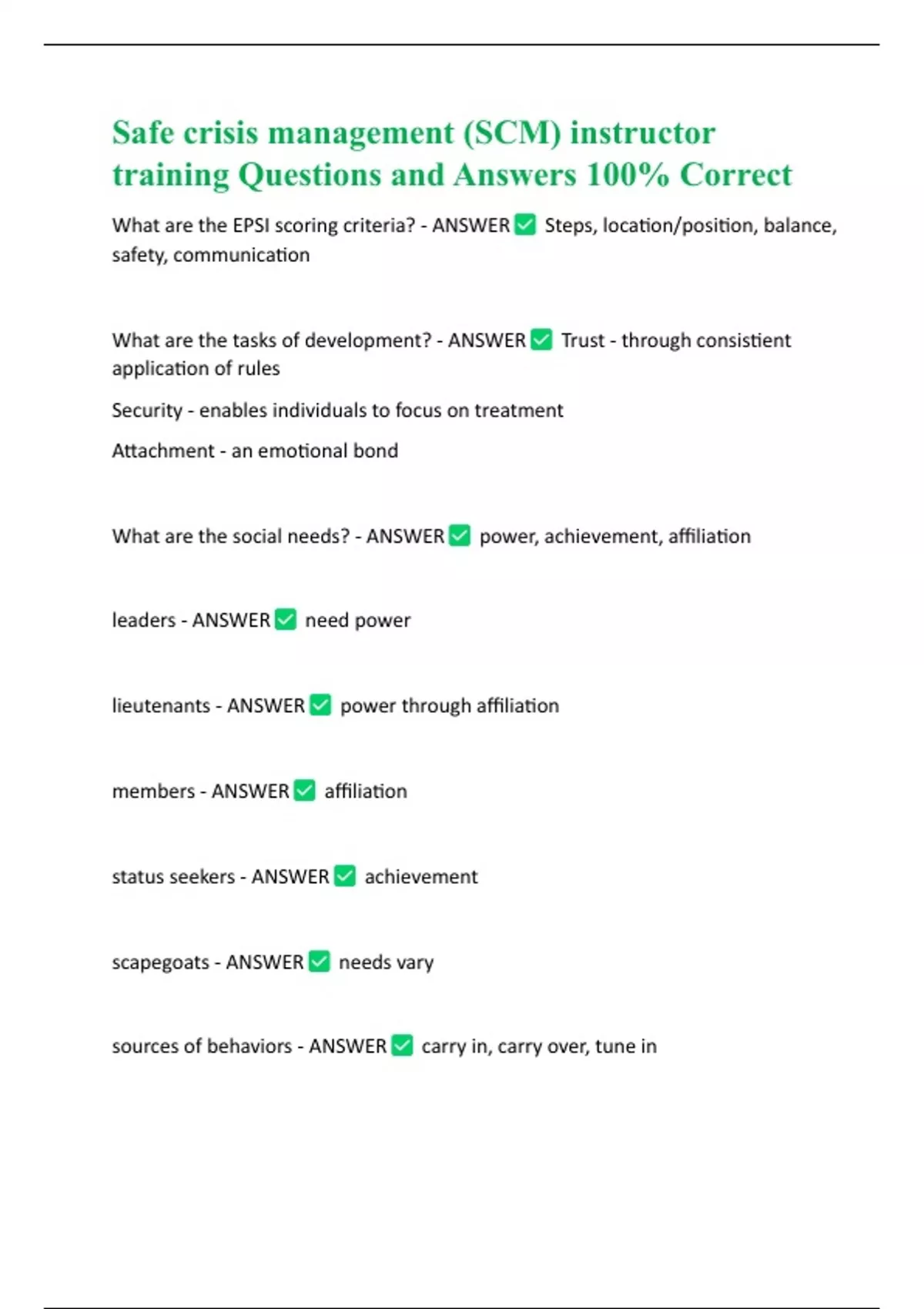 Safe crisis management (SCM) instructor training Questions and Answers ...