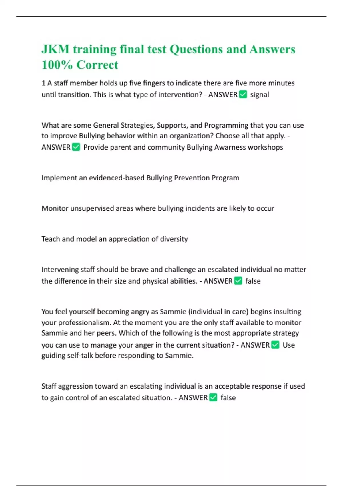 JKM training final test Questions and Answers 100% Correct - Safe ...