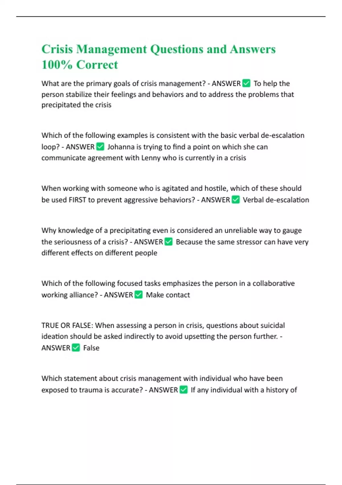 Crisis Management Questions and Answers 100% Correct - Safe crisis ...