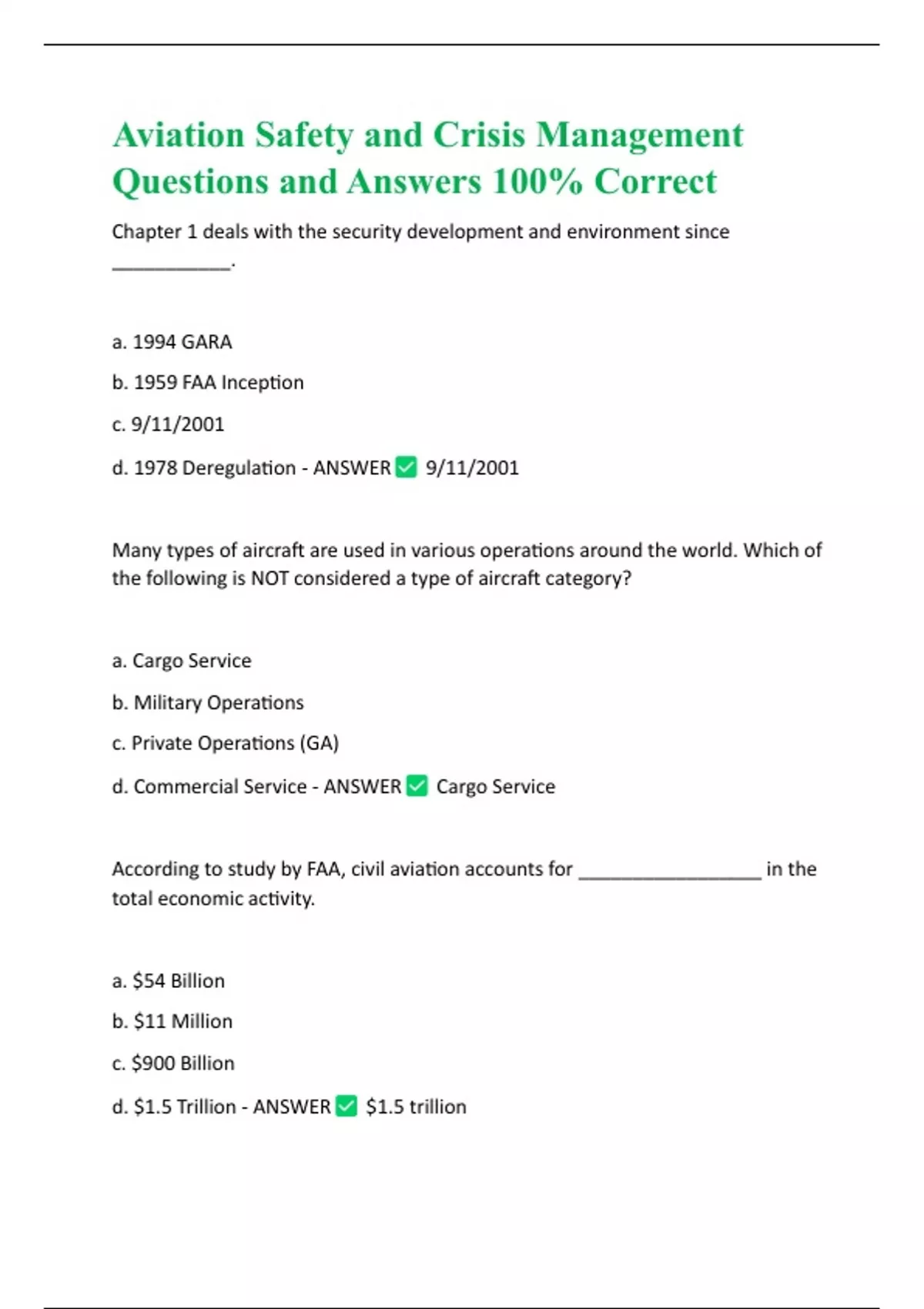 Aviation Safety and Crisis Management Questions and Answers 100% ...