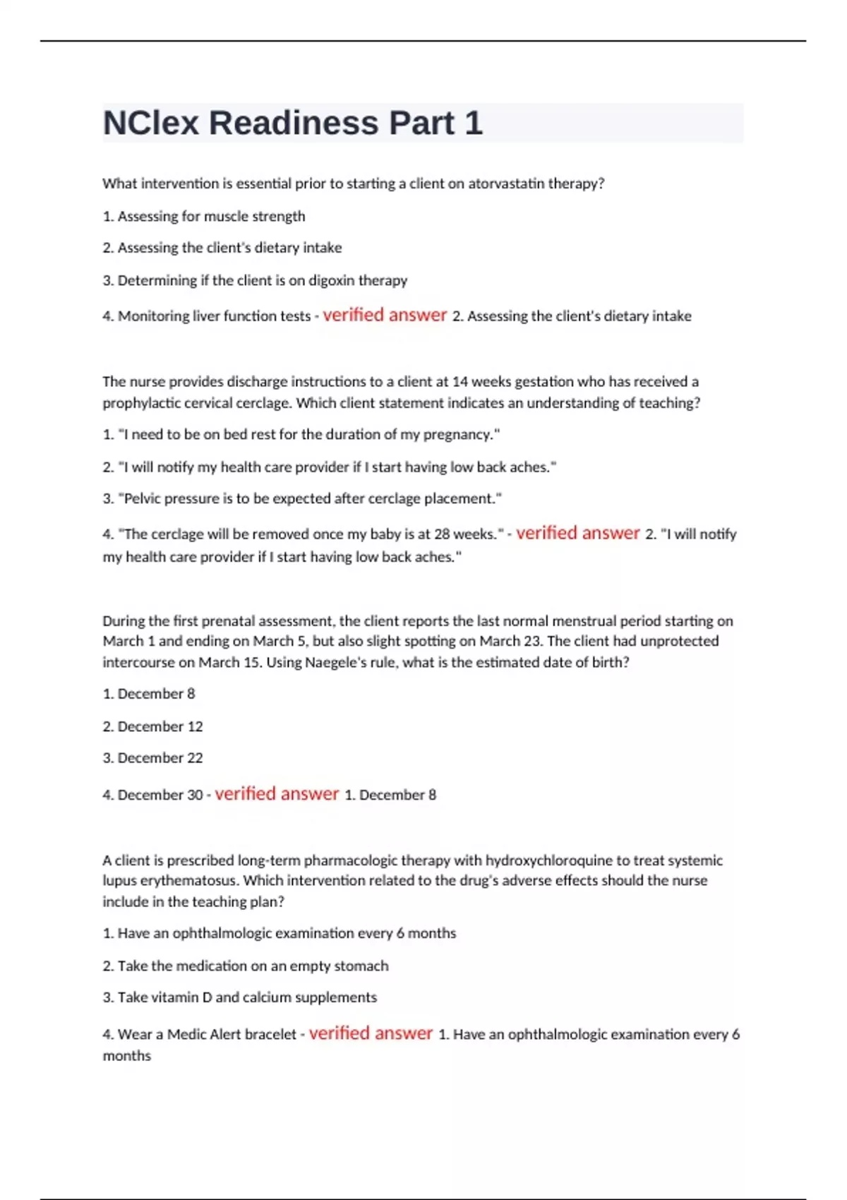 NClex Readiness Part 1 exam - NClex Readiness - Stuvia US