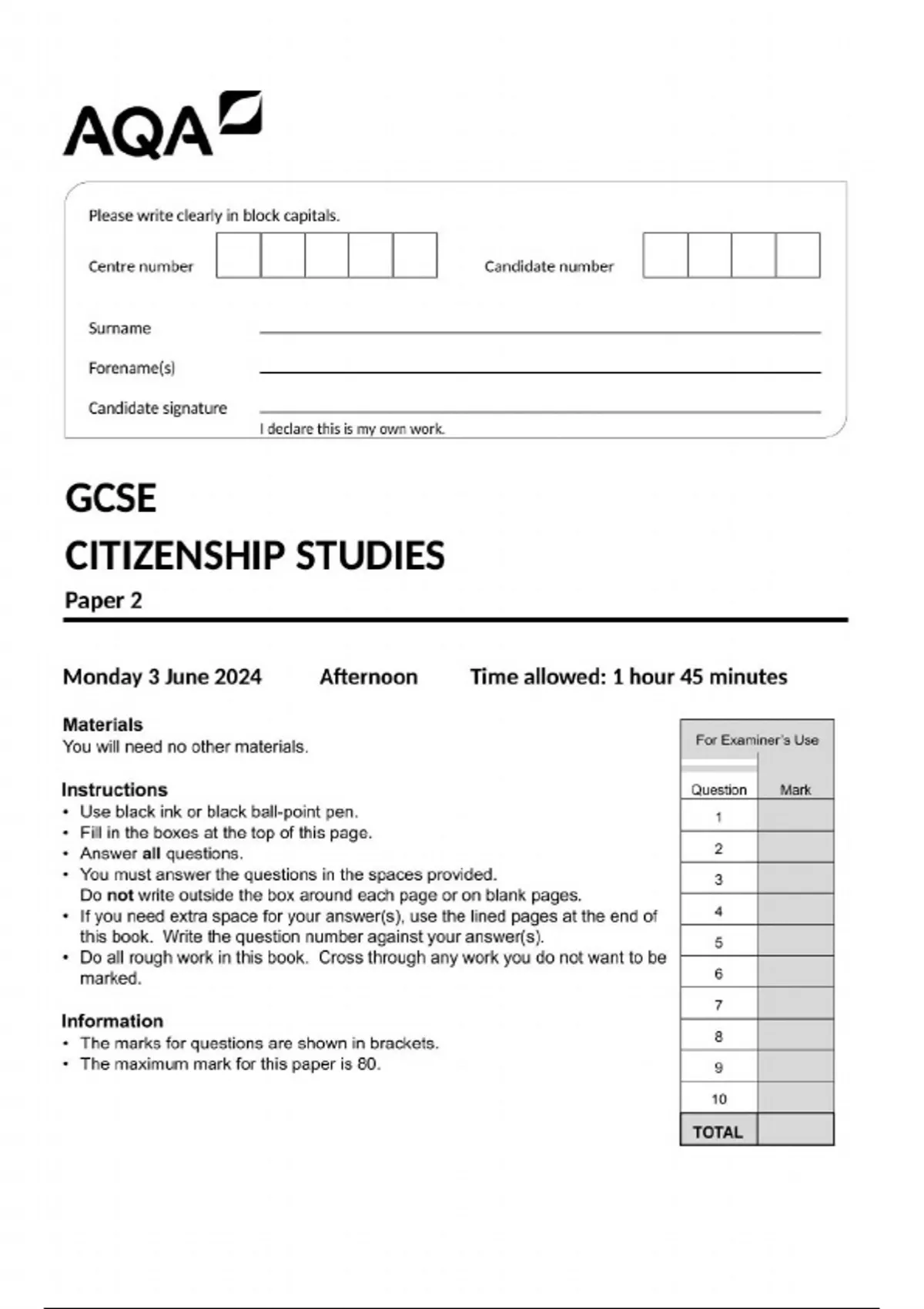 AQA GCSE CITIZENSHIP STUDIES PAPER 2 FINAL QP JUNE 2024 - AQA GCSE ...