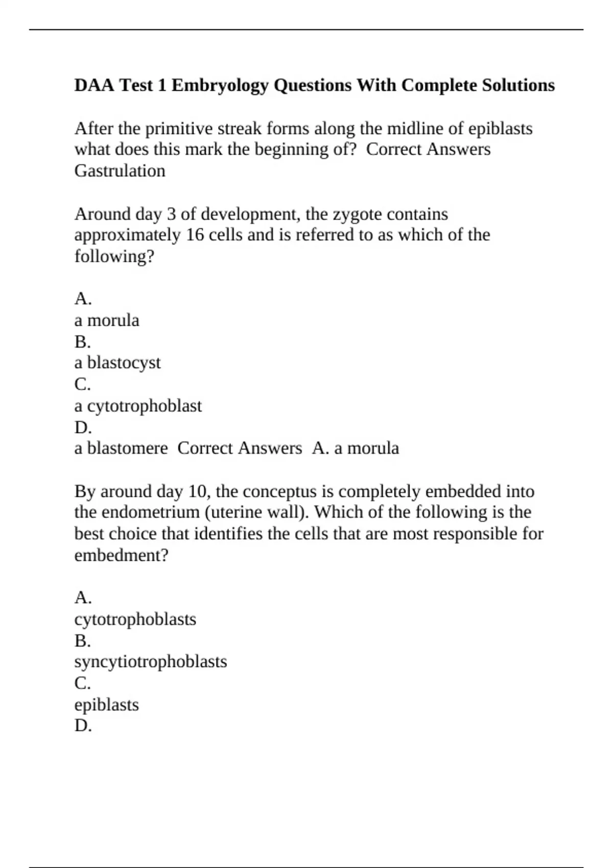 DAA Test 1 Embryology Questions With Complete Solutions - DAA - Stuvia US