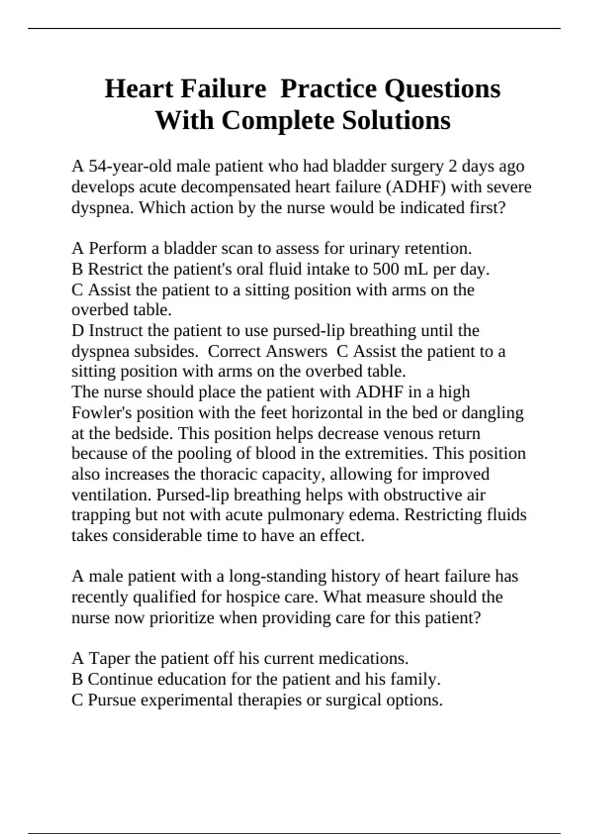 Heart Failure Practice Questions With Complete Solutions - Heart ...