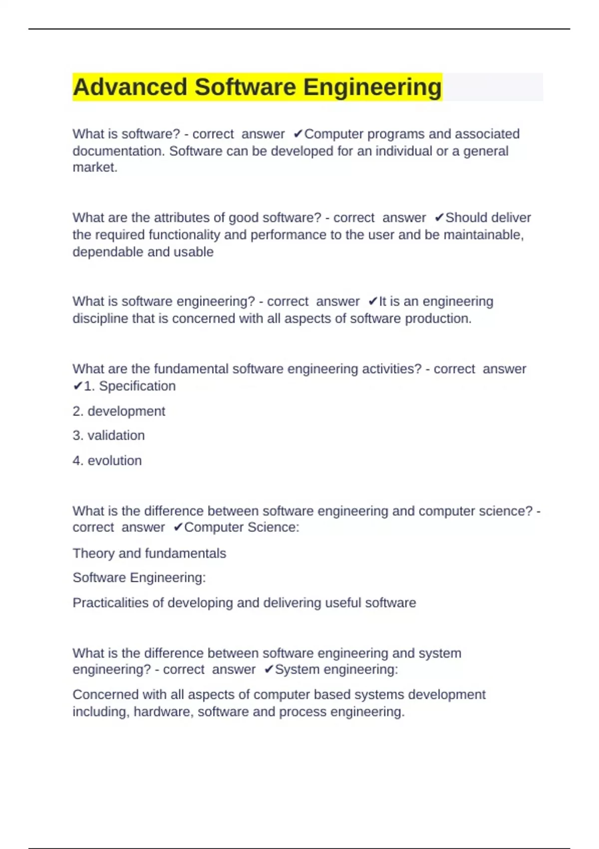 Advanced Software Engineering Questions with complete solution 2024 - CP - Stuvia US