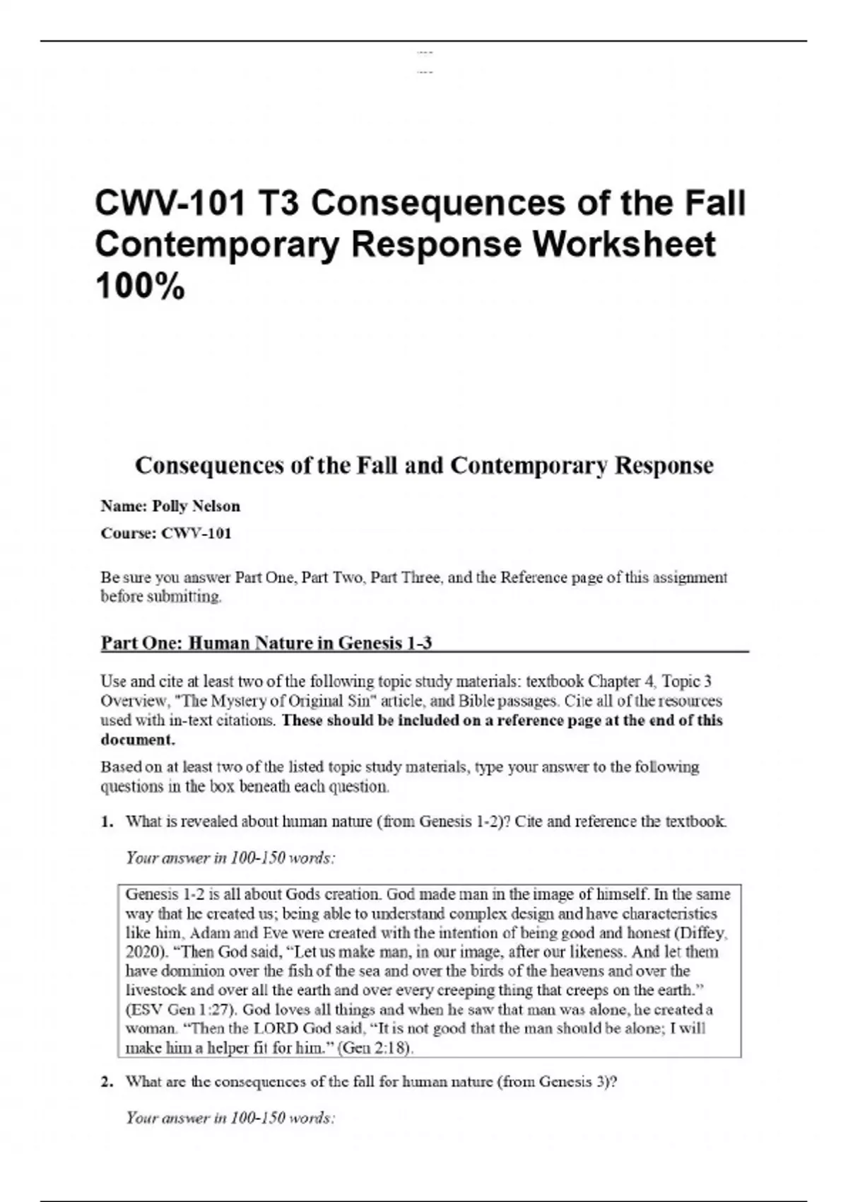 CWV-101 T3 Consequences of the Fall Contemporary Response Worksheet 100 ...