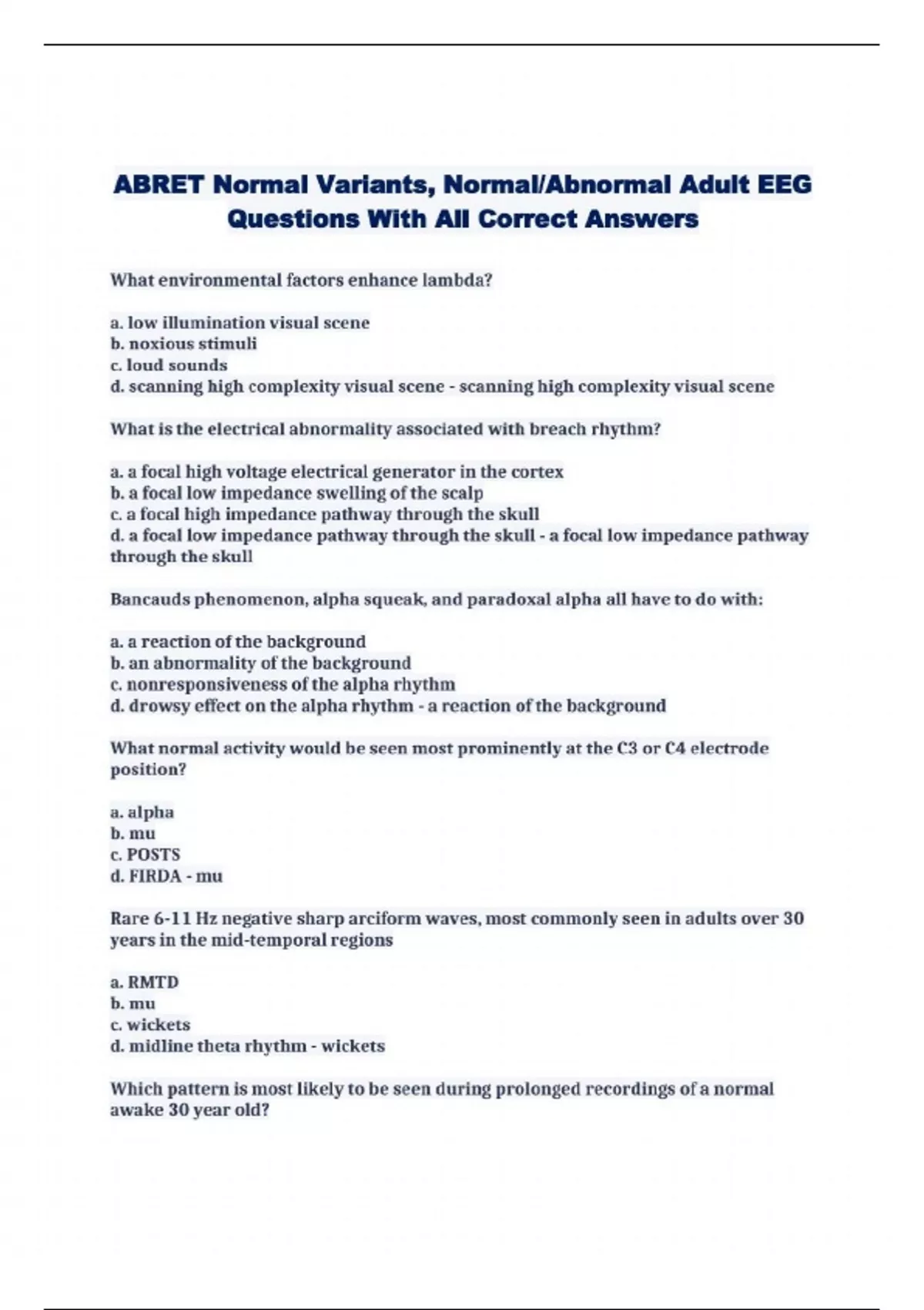 ABRET Normal Variants, Normal/Abnormal Adult EEG Questions With All ...