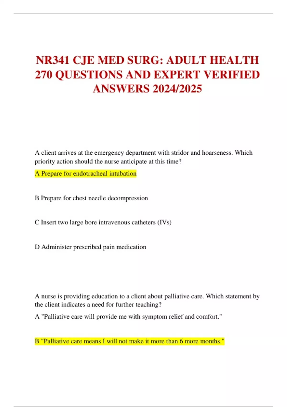 NR341 CJE MED SURG: ADULT HEALTH - NR341 CJE MED SURG - Stuvia US