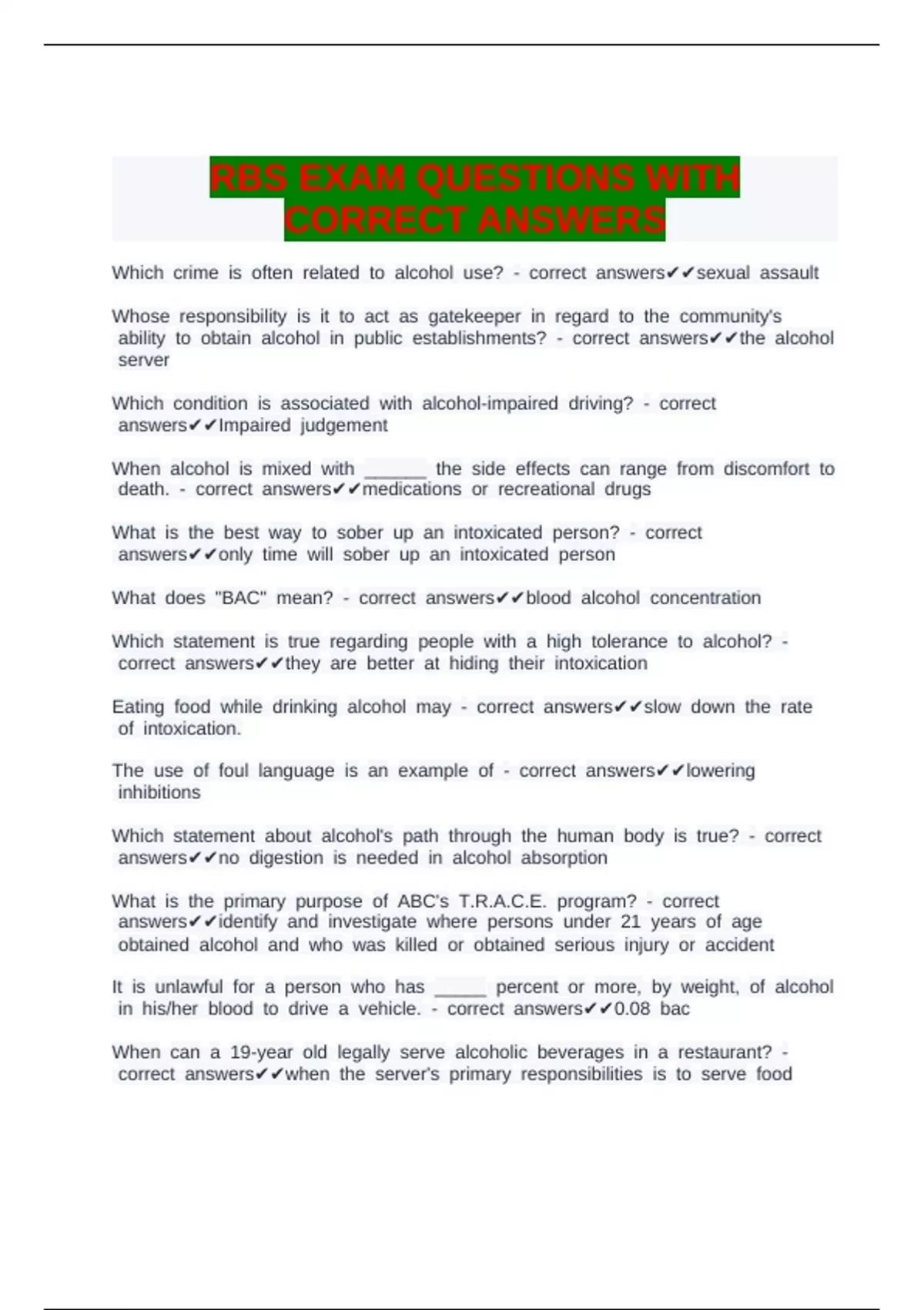 RBS EXAM QUESTIONS WITH CORRECT ANSWERS - RBS - Stuvia US