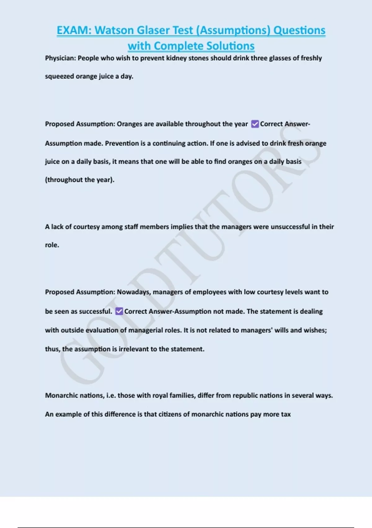 EXAM: Watson Glaser Test (Assumptions) Questions with Complete ...