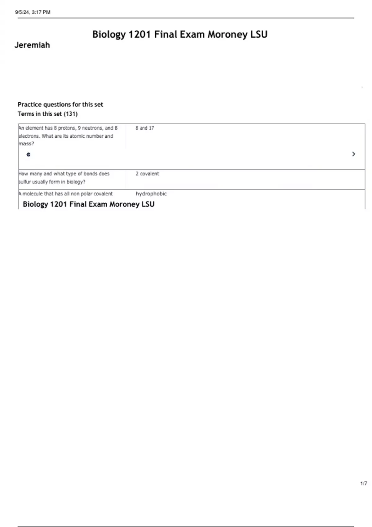 Biology 1201 Final Exam Moroney LSU Practice Questions 100- sure ...