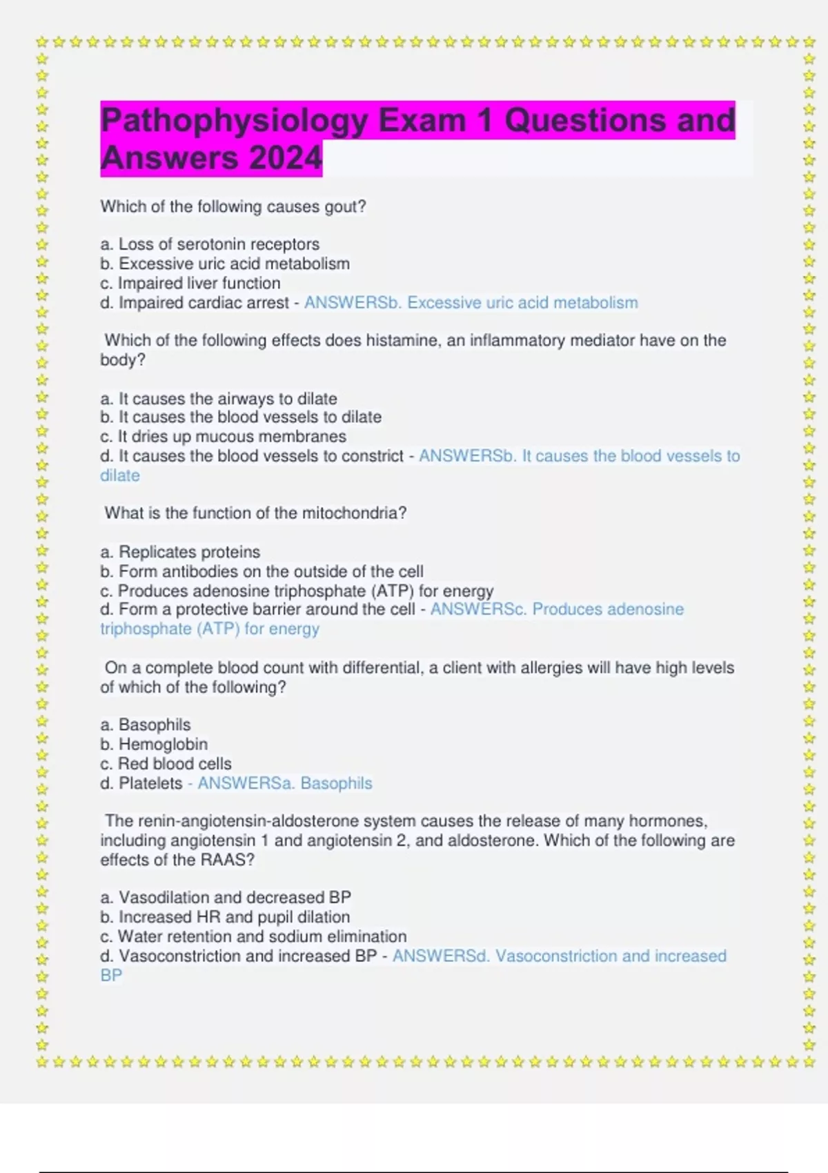 Pathophysiology Exam 1 Questions and Answers 2024 - Pathophysiology ...