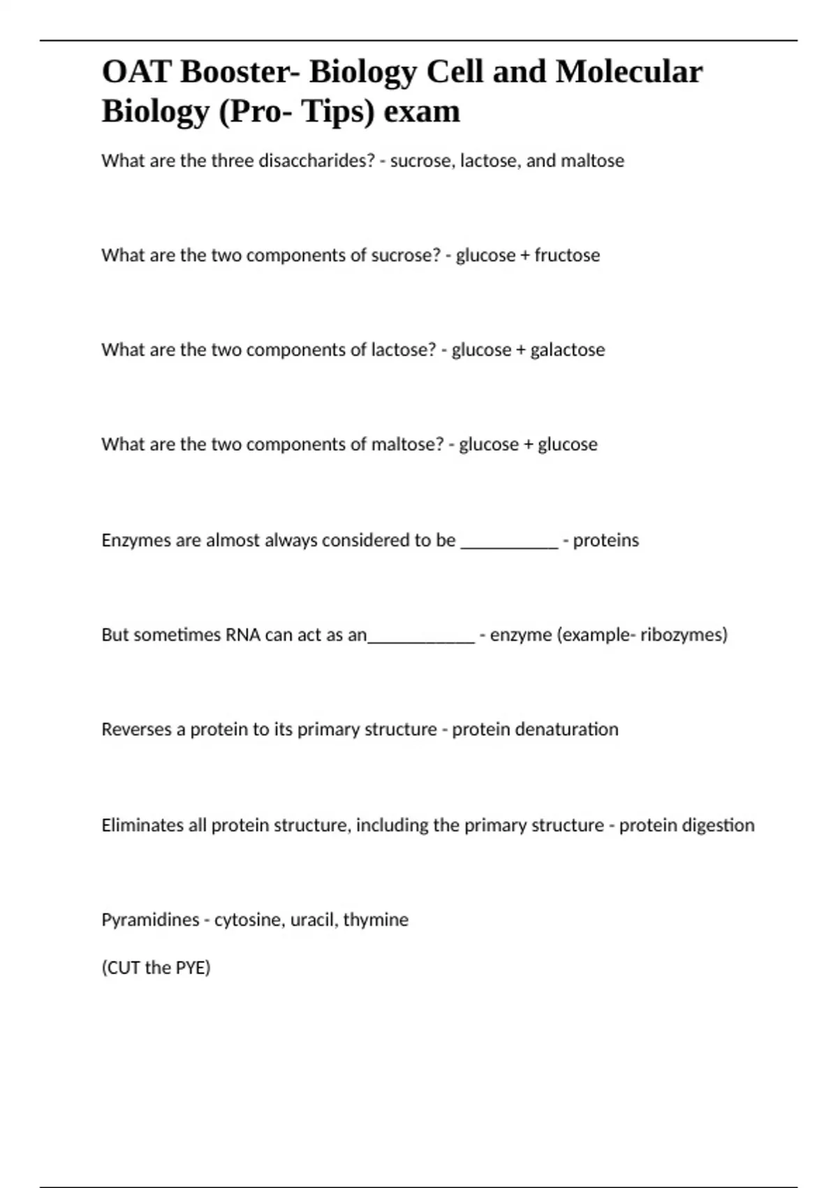 Summary OAT Booster- Biology Cell and Molecular Biology (Pro- Tips ...