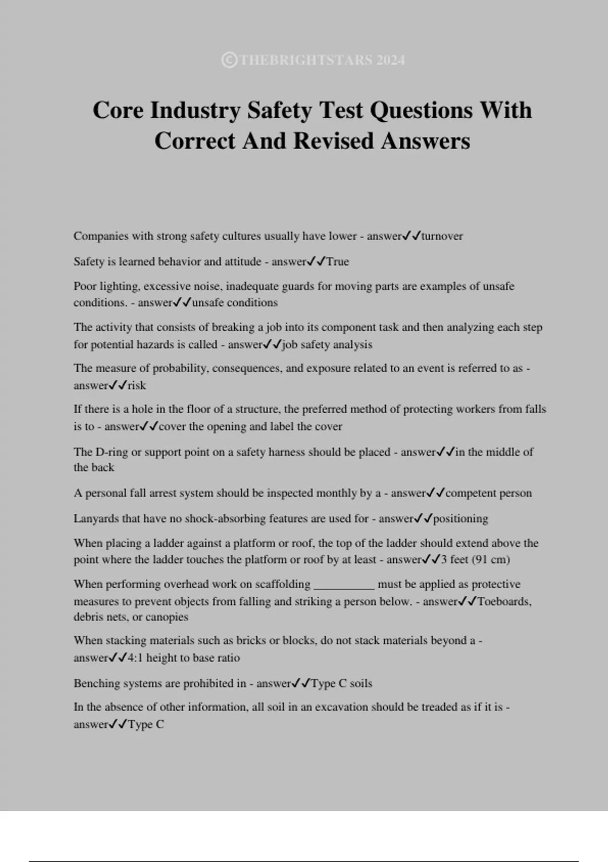 Core Industry Safety Test Questions With Correct And Revised Answers ...