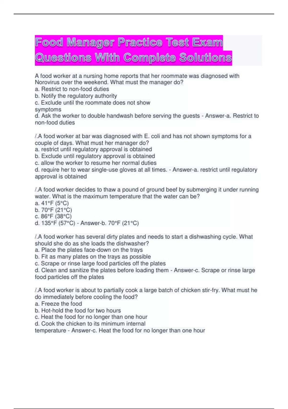 Food Manager Practice Test Exam Questions With Complete Solutions ...